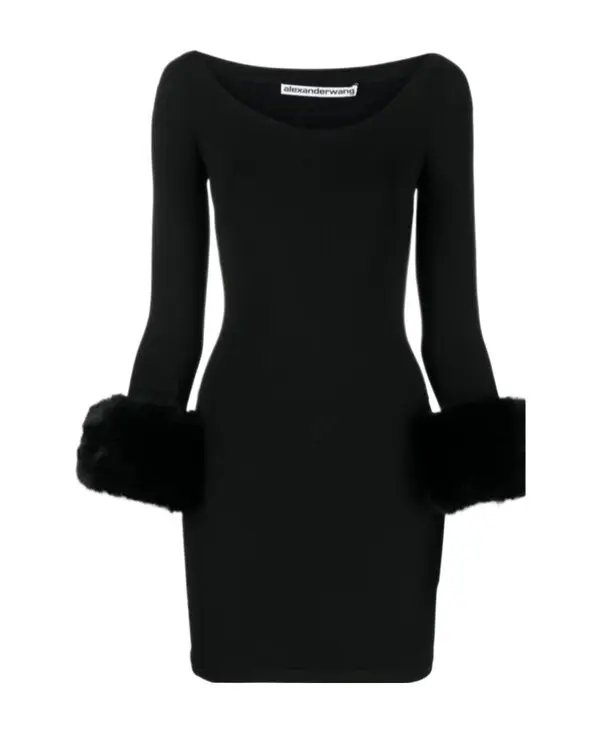 Alexander Wang Round Neck Fur Trimmed Mini Dress - Black