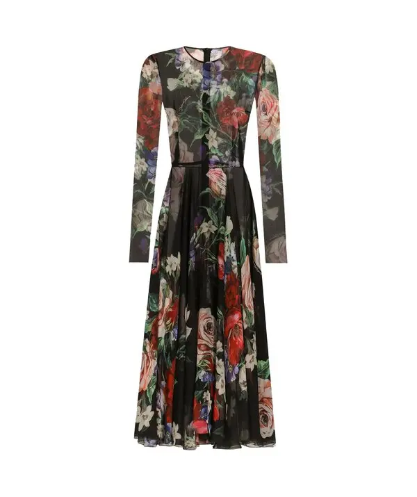 Dolce & Gabbana Floral Print Chiffon Calf-length Dress - Black