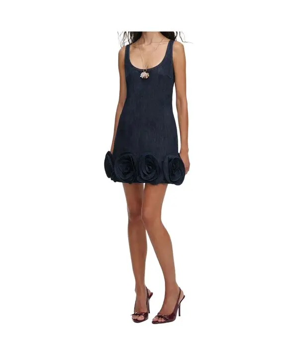 SELF-PORTRAIT Floral Appliqué Denim Mini Dress - Indigo
