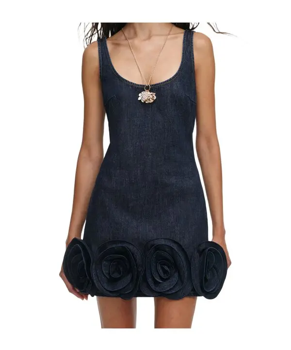 SELF-PORTRAIT Floral Appliqué Denim Mini Dress - Indigo