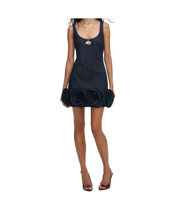 SELF-PORTRAIT Floral Appliqué Denim Mini Dress - Indigo