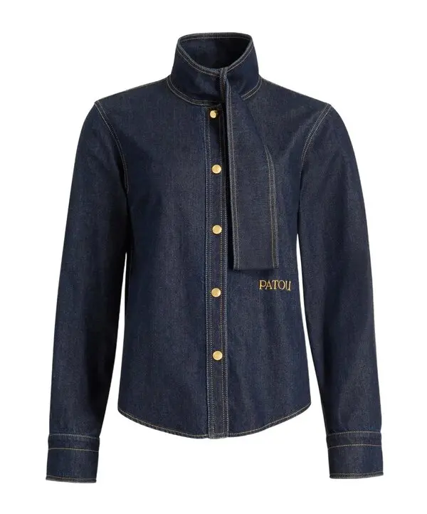 PATOU Denim Shirt With Monogram Pattern And Tie Detail - Black