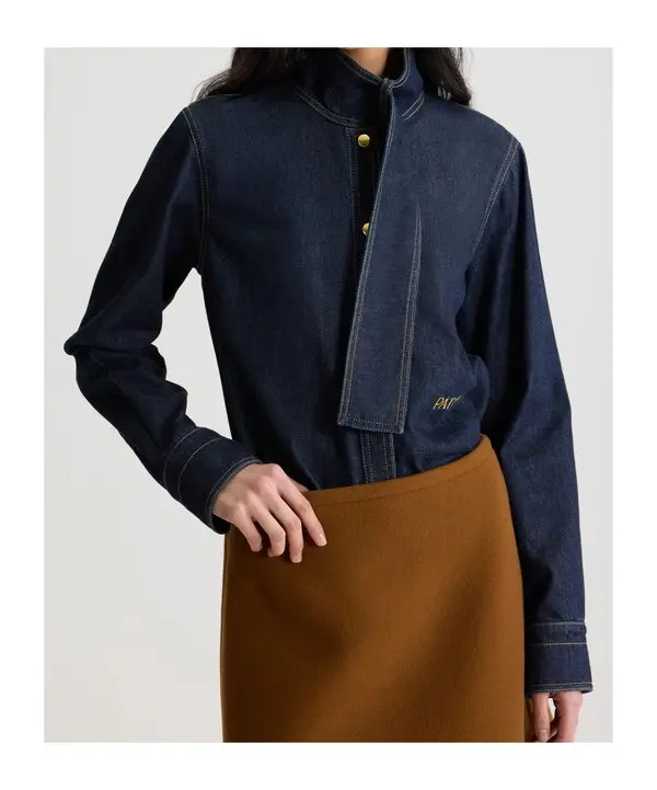 PATOU Denim Shirt With Monogram Pattern And Tie Detail - Black