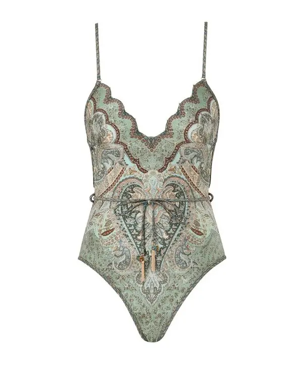 Zimmermann Wanderlust Scallop 1pc Swimsuit - Tapestry Teal Multi