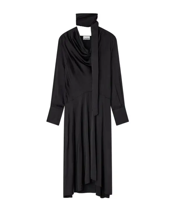 GANNI Cowl Neck Midi Dress With Scarf Detail