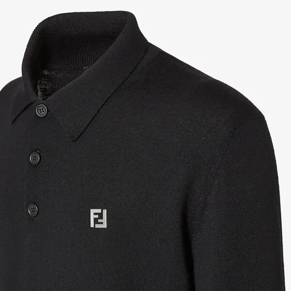 Fendi Ff Detailed Long Sleeved Knitted Polo Shirt - Black