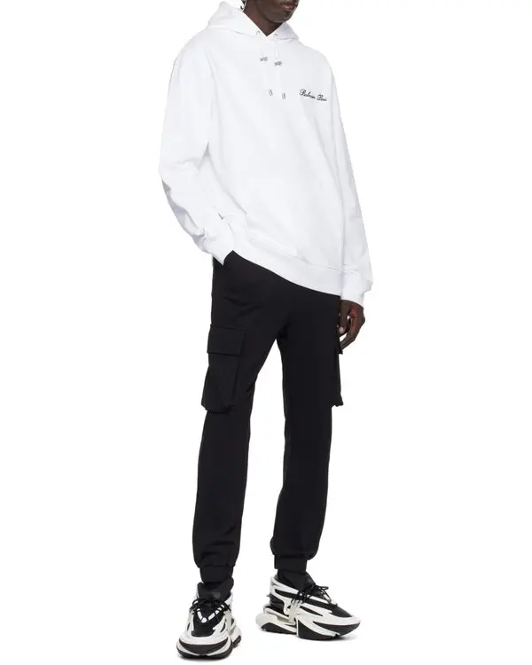 Balmain Logo Embroidered Drawstring Hoodie - White