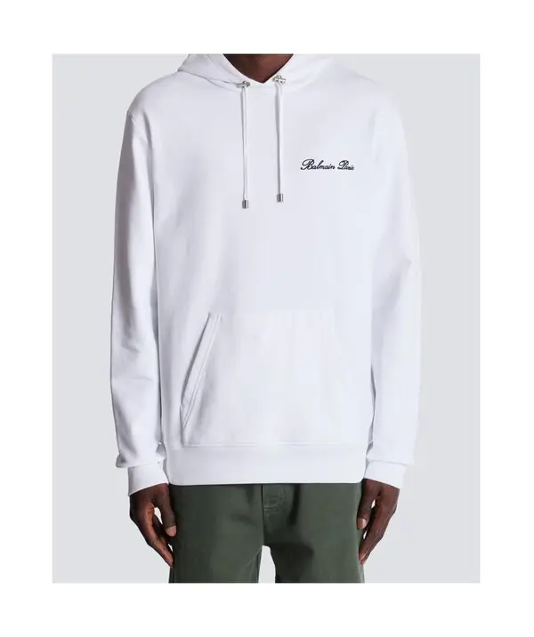 Balmain Logo Embroidered Drawstring Hoodie - White