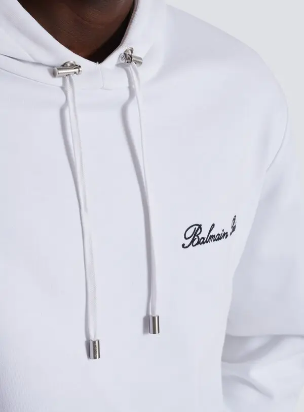 Balmain Logo Embroidered Drawstring Hoodie - White