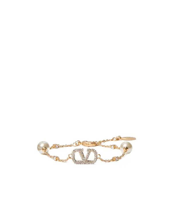 Valentino Garavani Vlogo Signature Bracelet In Metal, Swarovski Crystals And Pearls - Gold/cream/crystal Silver