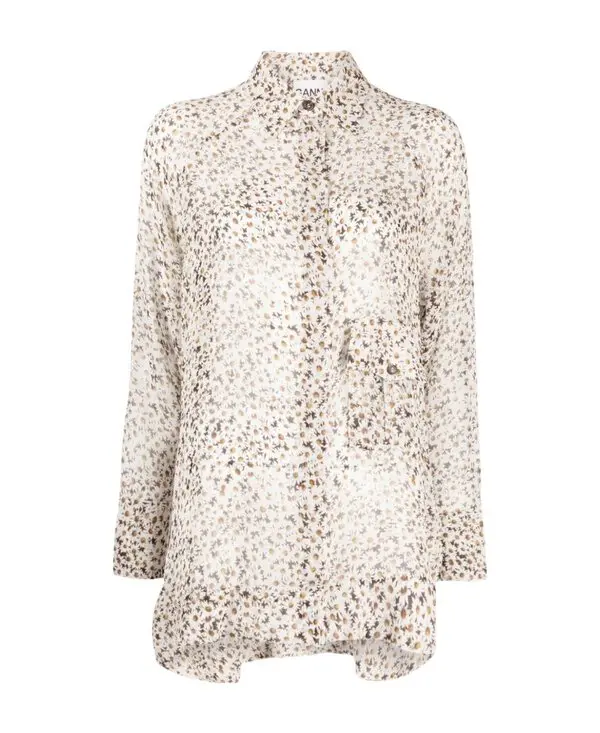 GANNI Floral Print Long Sleeve Shirt - Egret