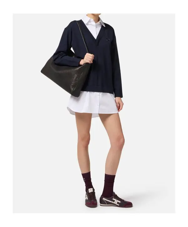 Elisabetta Franchi Long-sleeved V-neck Dress With Logo Embroidery - Black