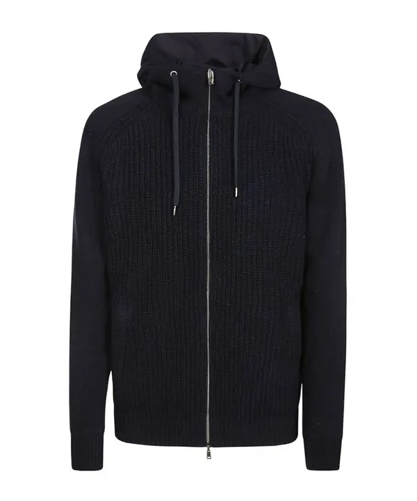 Herno Ribbed-knit Zipped Hooded Drawstring Jacket