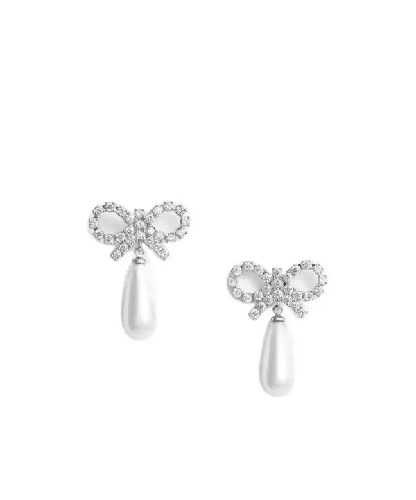 SELF-PORTRAIT Embellished Bow Pearl Drop Earrings - White