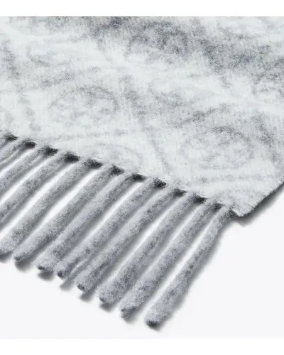Tory Burch T Monogram Printed Fringed Scarf - Grey