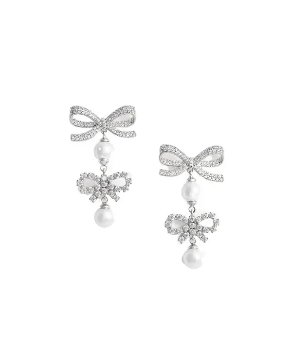 SELF-PORTRAIT Double Bow Pearl Earrings - Silver