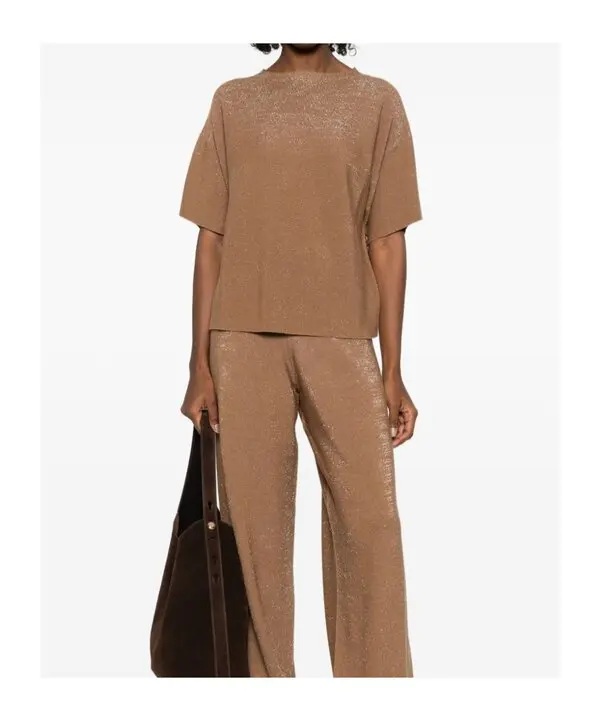 Fabiana Filippi Lurex Thread Crewneck Ribbed Top - Brown