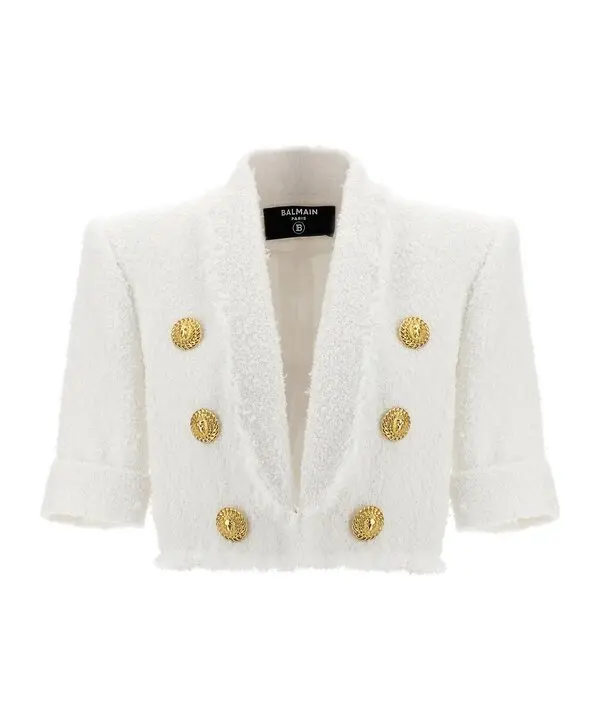 Balmain Cropped Tweed Jacket With Gold Button Detailing - No