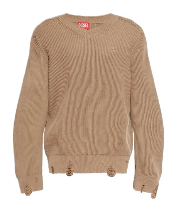 DIESEL® Ribbed V-neck Sweater With Distressed Details - Nude