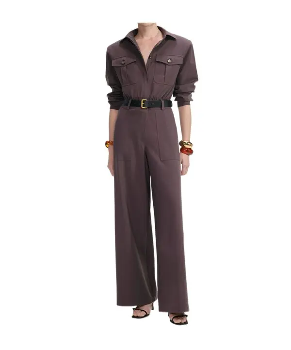 SELF-PORTRAIT Belted Pocket Jumpsuit - Brown