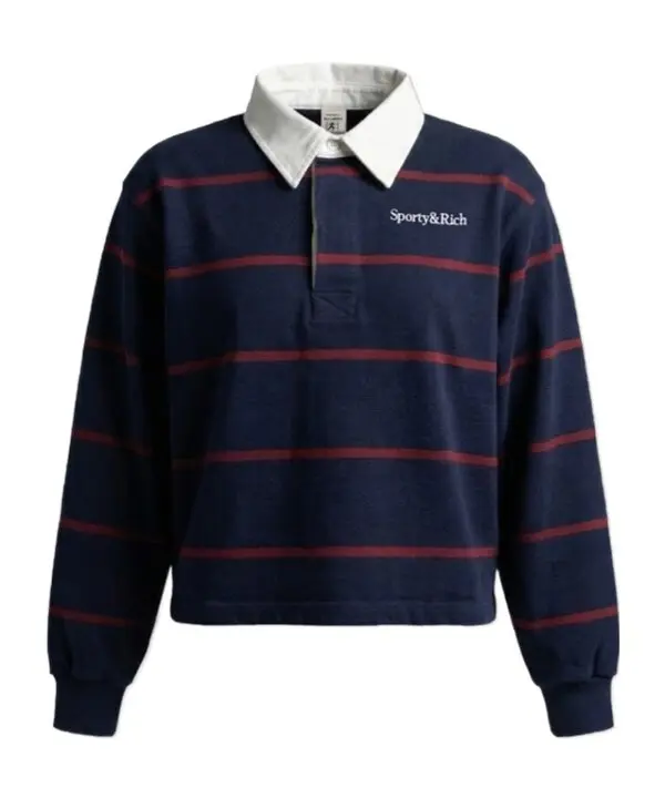 SPORTY  RICH Sporty Rich Logo Stripe Long Sleeve Polo Shirt