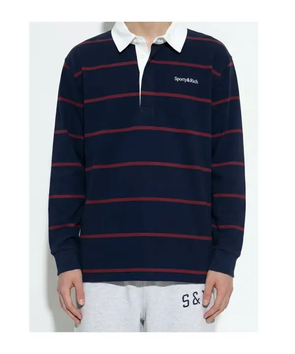 SPORTY  RICH Sporty Rich Logo Stripe Long Sleeve Polo Shirt