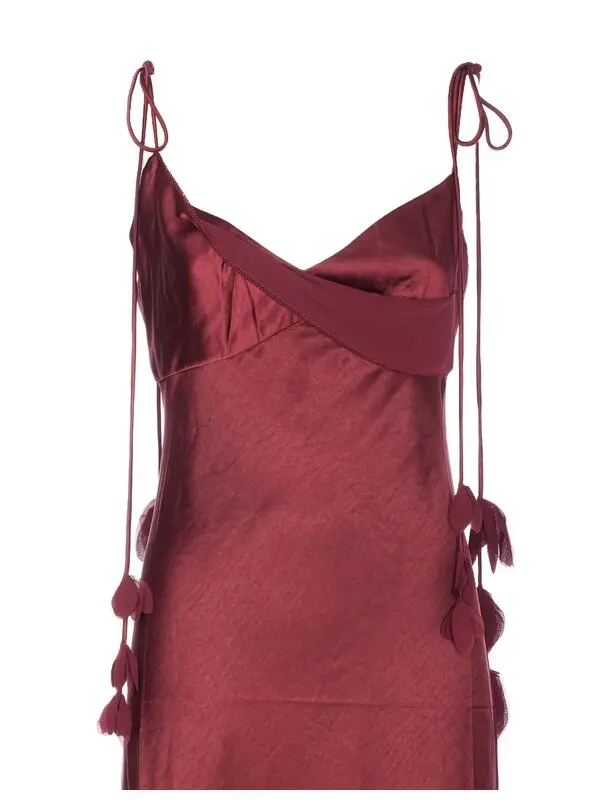 SELF-PORTRAIT Satin Flower Midi Dress - Wine Red