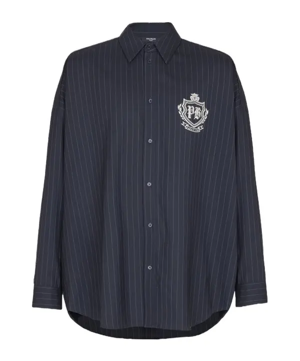 Balmain Striped Wool College Emblem Shirt