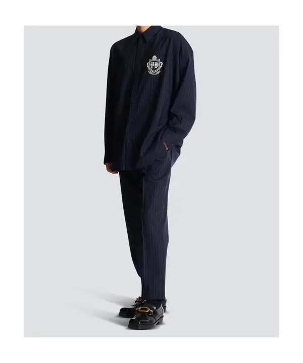 Balmain Striped Wool College Emblem Shirt