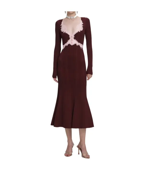 SELF-PORTRAIT Lace Trimmed Midi Dress - Brown
