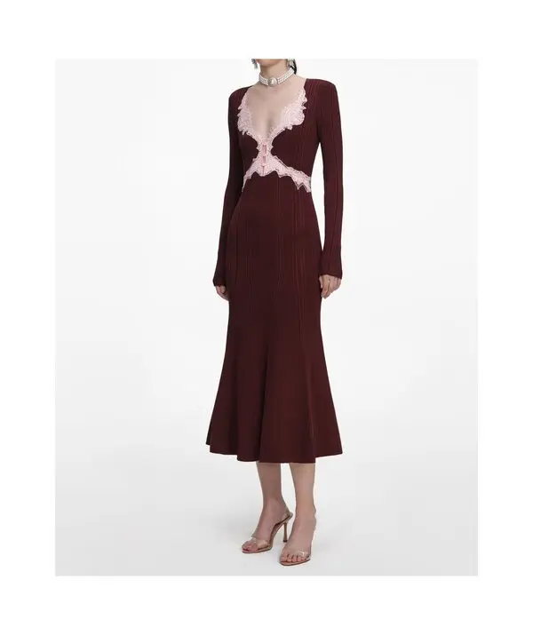SELF-PORTRAIT Lace Trimmed Midi Dress - Brown