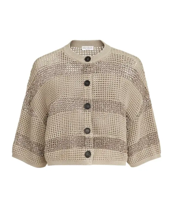 Brunello Cucinelli Cropped Mesh Knit Cardigan With Striped Detail - Sand-colored