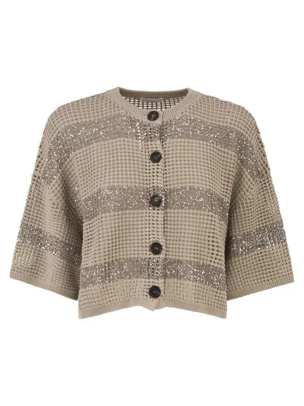 Brunello Cucinelli Cropped Mesh Knit Cardigan With Striped Detail - Sand-colored