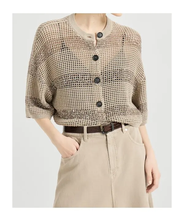 Brunello Cucinelli Cropped Mesh Knit Cardigan With Striped Detail