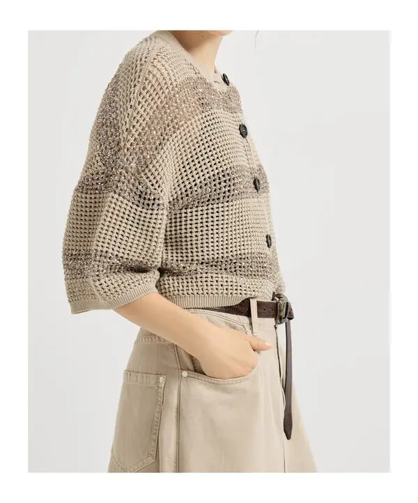 Brunello Cucinelli Cropped Mesh Knit Cardigan With Striped Detail