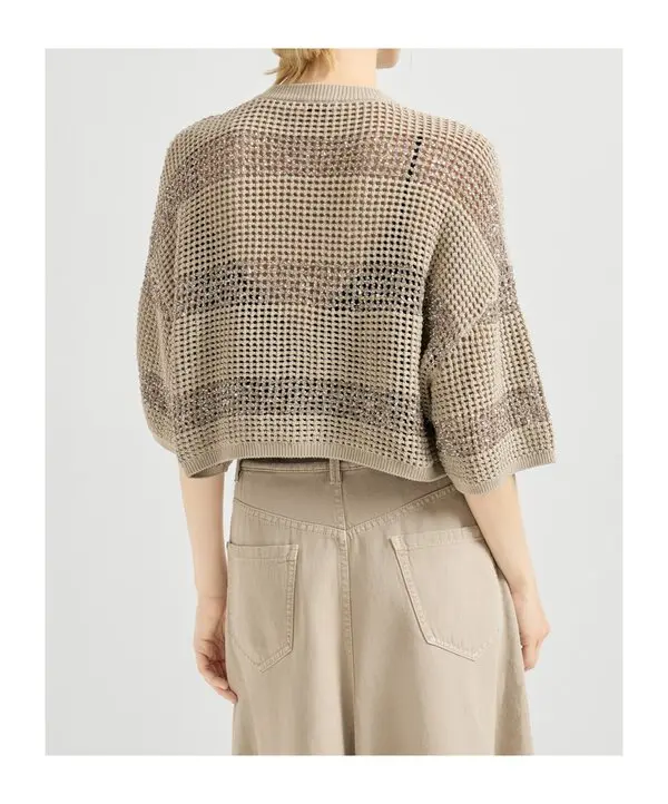 Brunello Cucinelli Cropped Mesh Knit Cardigan With Striped Detail