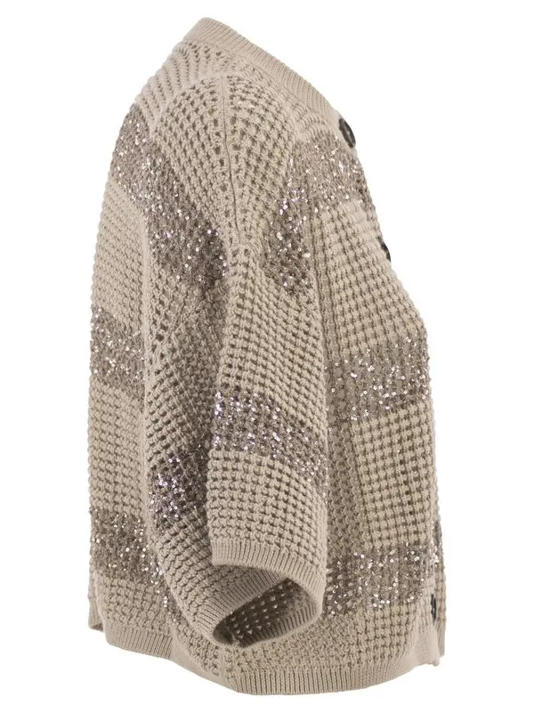 Brunello Cucinelli Cropped Mesh Knit Cardigan With Striped Detail - Sand-colored