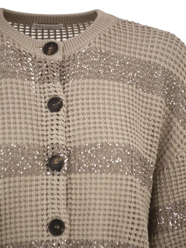 Brunello Cucinelli Cropped Mesh Knit Cardigan With Striped Detail - Sand-colored