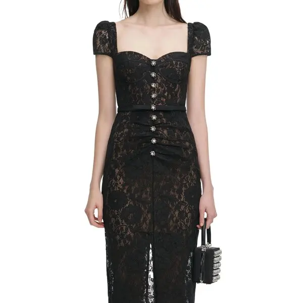SELF-PORTRAIT Lace Button Detail Midi Dress