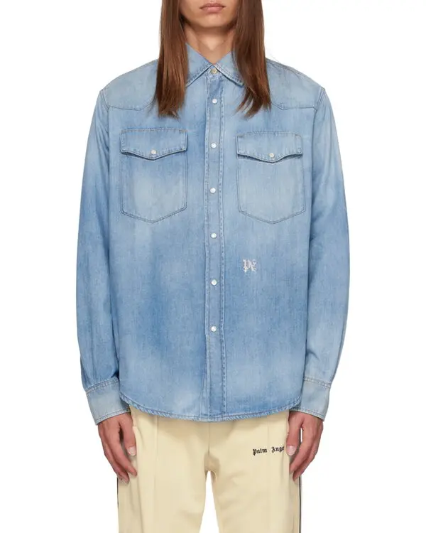 Palm Angels Pa Monogram Denim Shirt - Blue