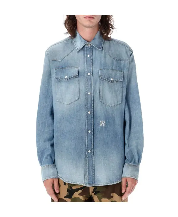 Palm Angels Pa Monogram Denim Shirt - Blue