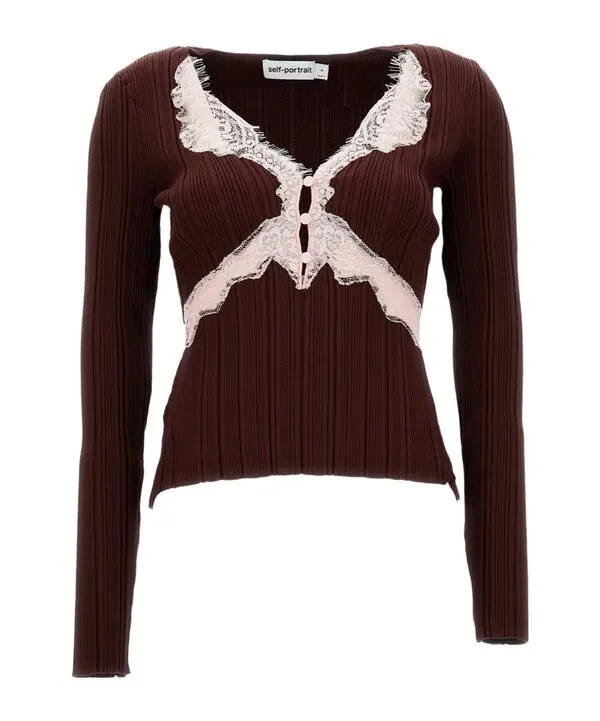 SELF-PORTRAIT Lace Detail Ribbed Knit Top - No