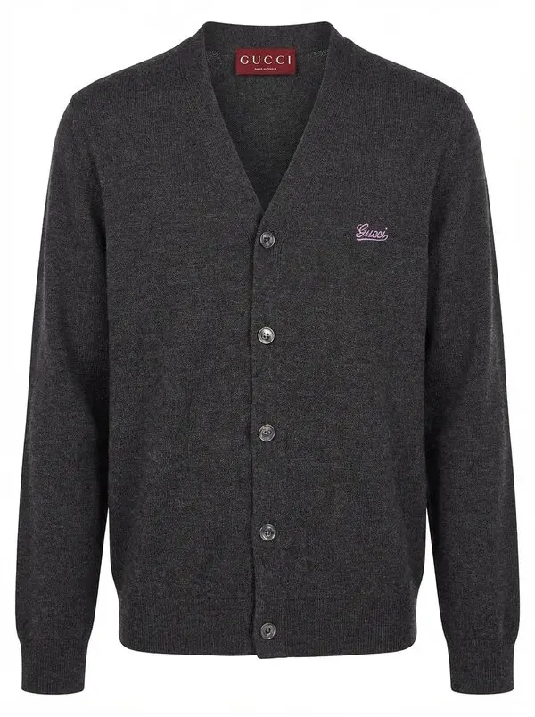 Gucci V-neck Button-up Cardigan With Embroidered Logo - Black