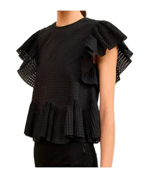 Ulla Johnson Clio Ruched Ruffle Top - Black
