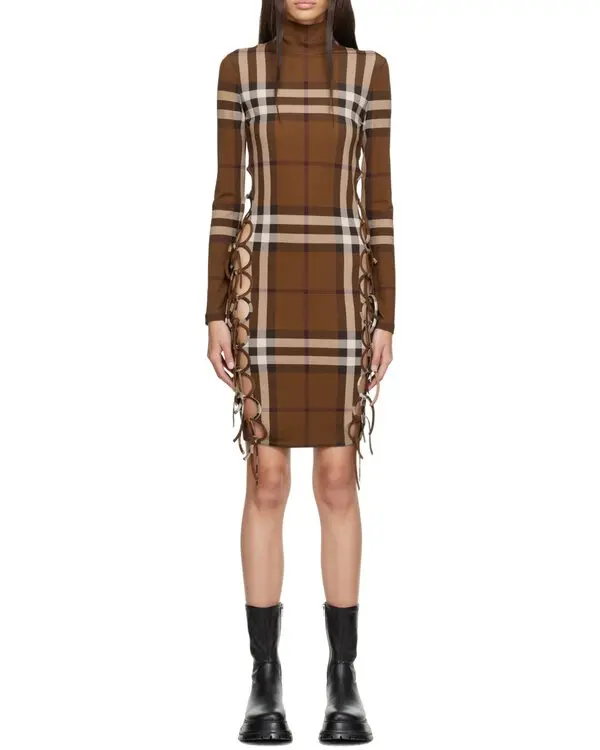 Burberry Checked High Neck Long Sleeve Dress