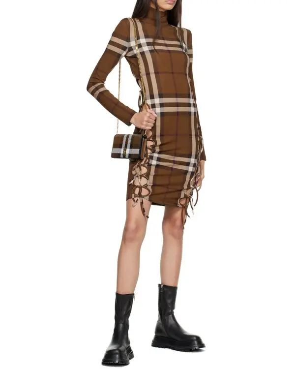 Burberry Checked High Neck Long Sleeve Dress