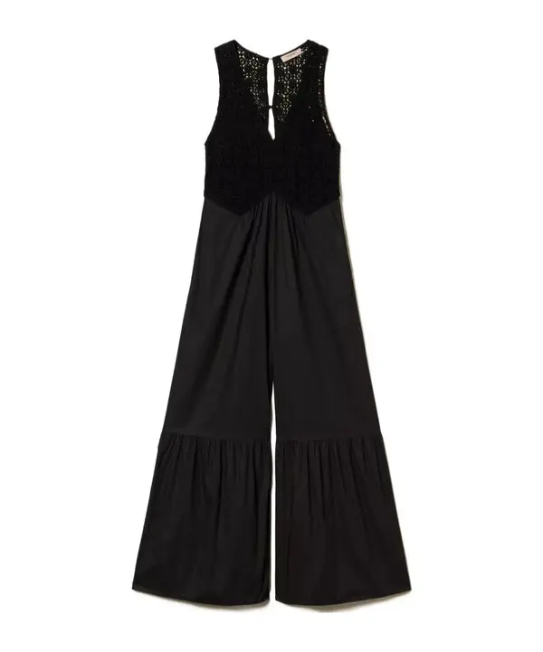 TWINSET V-neck Long Poplin Jumpsuit With Crochet Detail - Black