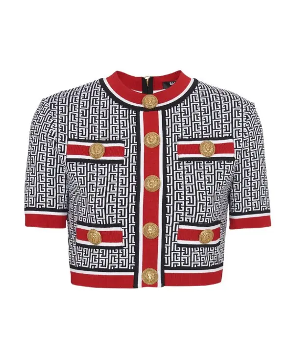 Balmain Jacquard Monogrammed Cropped Top With Lion Head Buttons