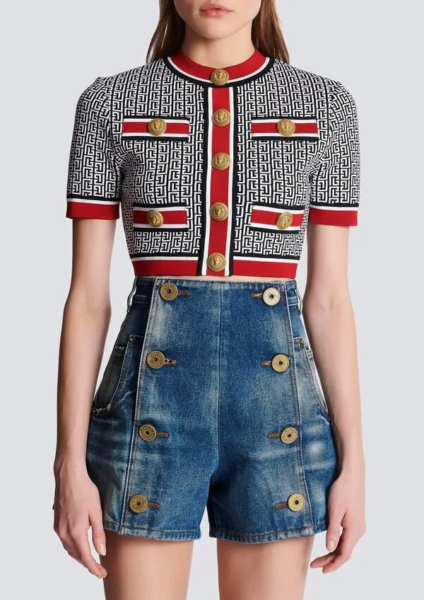 Balmain Jacquard Monogrammed Cropped Top With Lion Head Buttons