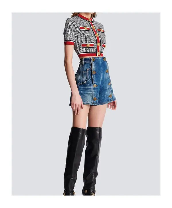 Balmain Jacquard Monogrammed Cropped Top With Lion Head Buttons